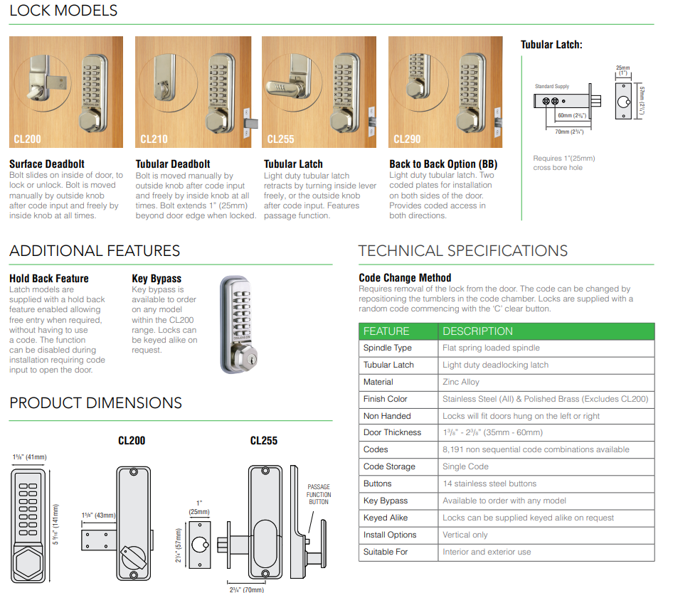 Codelocks CL210 MechanicalDeadbolt with Key Override – Barzel Lock